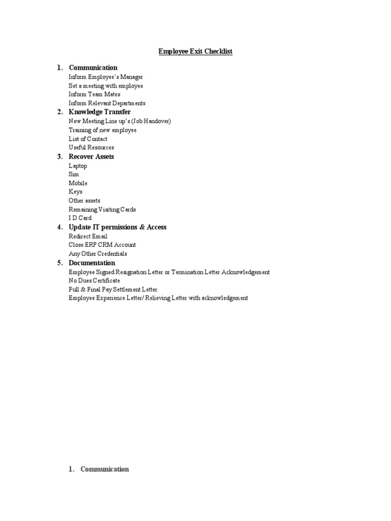 Employee Exit Checklist 1. Communication | PDF | Employment | Credential