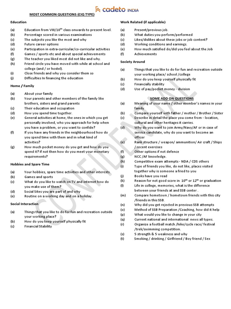 Most Common Questions (Ciq Type) Education Work Related (If Applicable ...