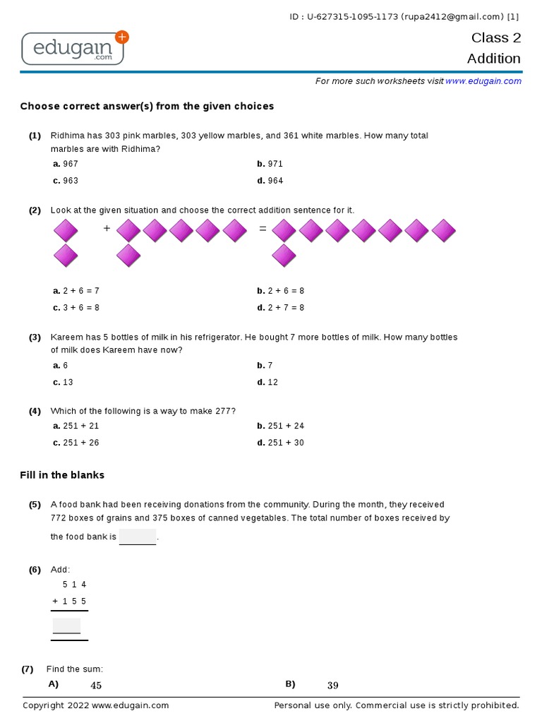 Class 2 Addition: Choose Correct Answer(s) From The Given Choices | PDF