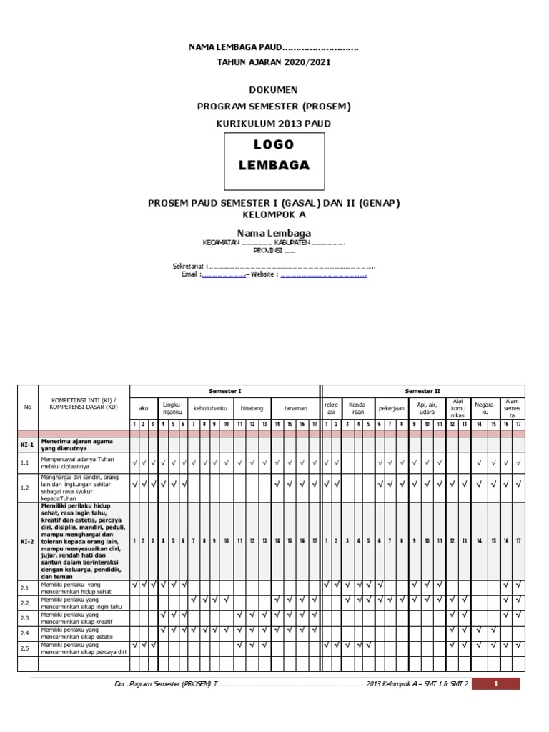 Program Semester Prosem - Promes Paud Semester 1 Dan 2 Tahun Pelajaran 2020.2021 | PDF
