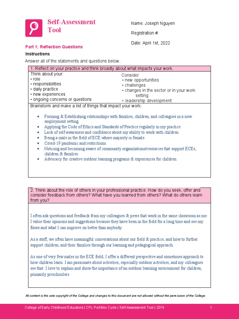 Self-Assessment Tool: Part 1: Reflection Questions | PDF | Early ...