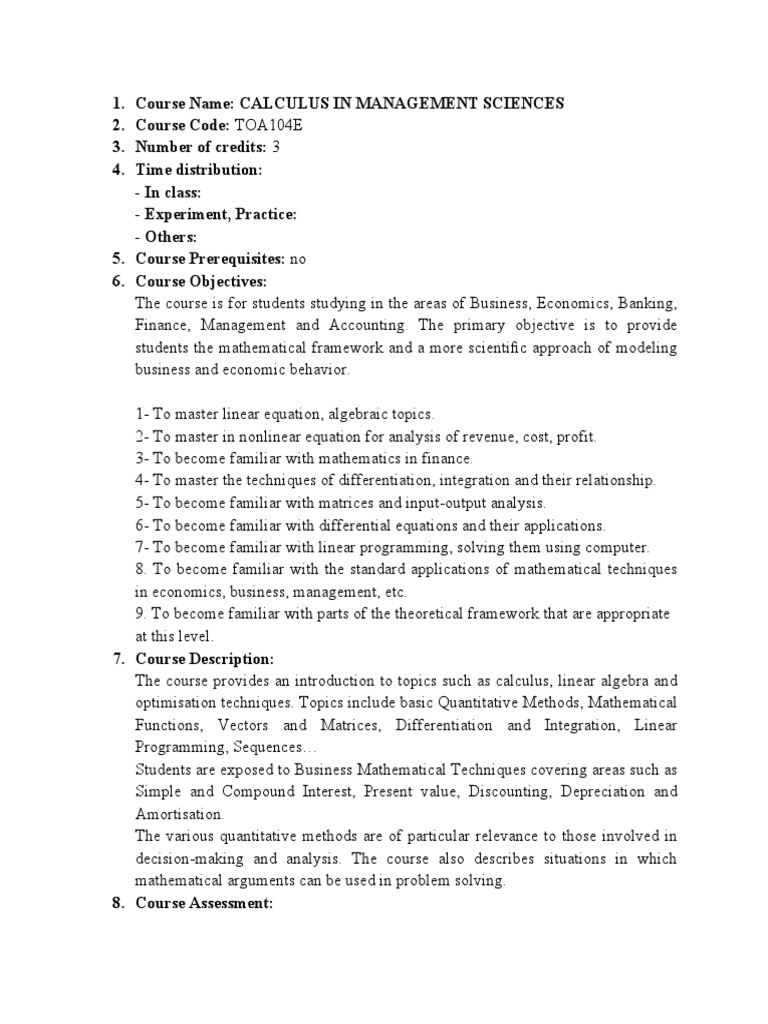 Calculus in Management Sciences Syllabus | PDF | Equations ...