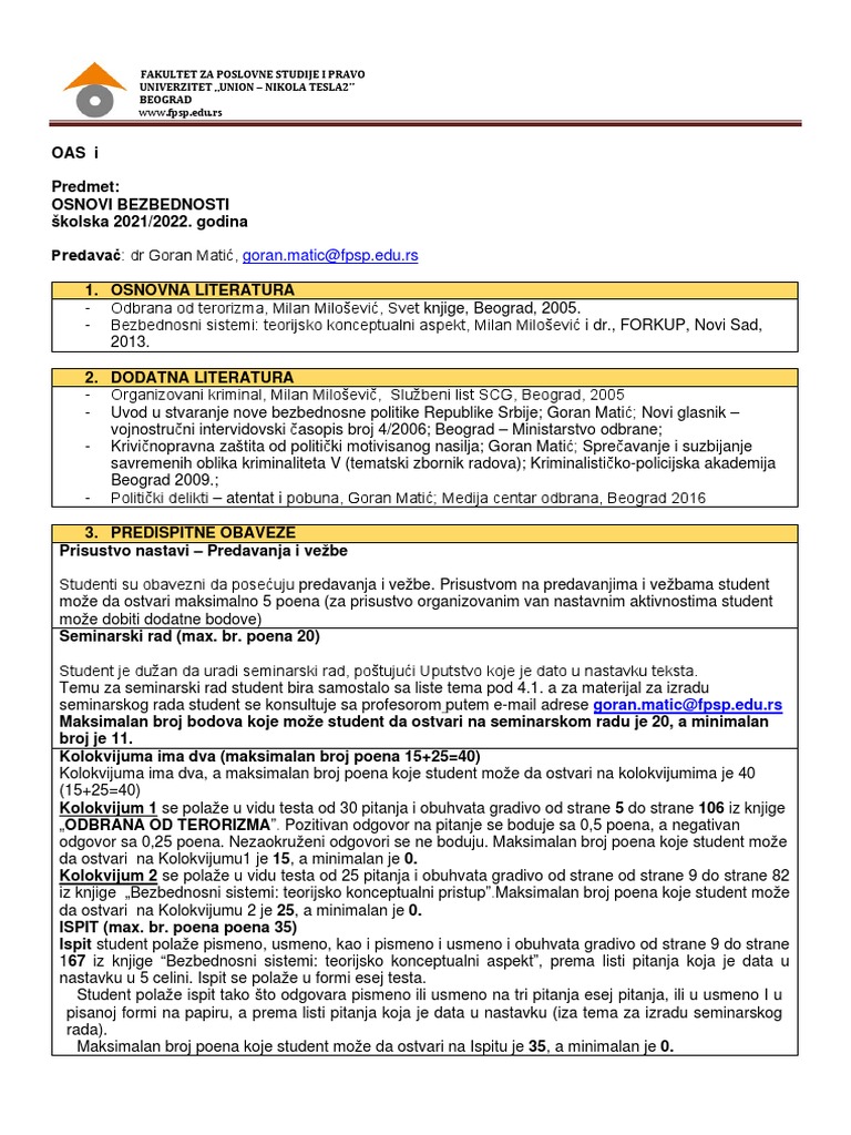 OAS 2021-2022 Osnovi Bezbednosti. | PDF