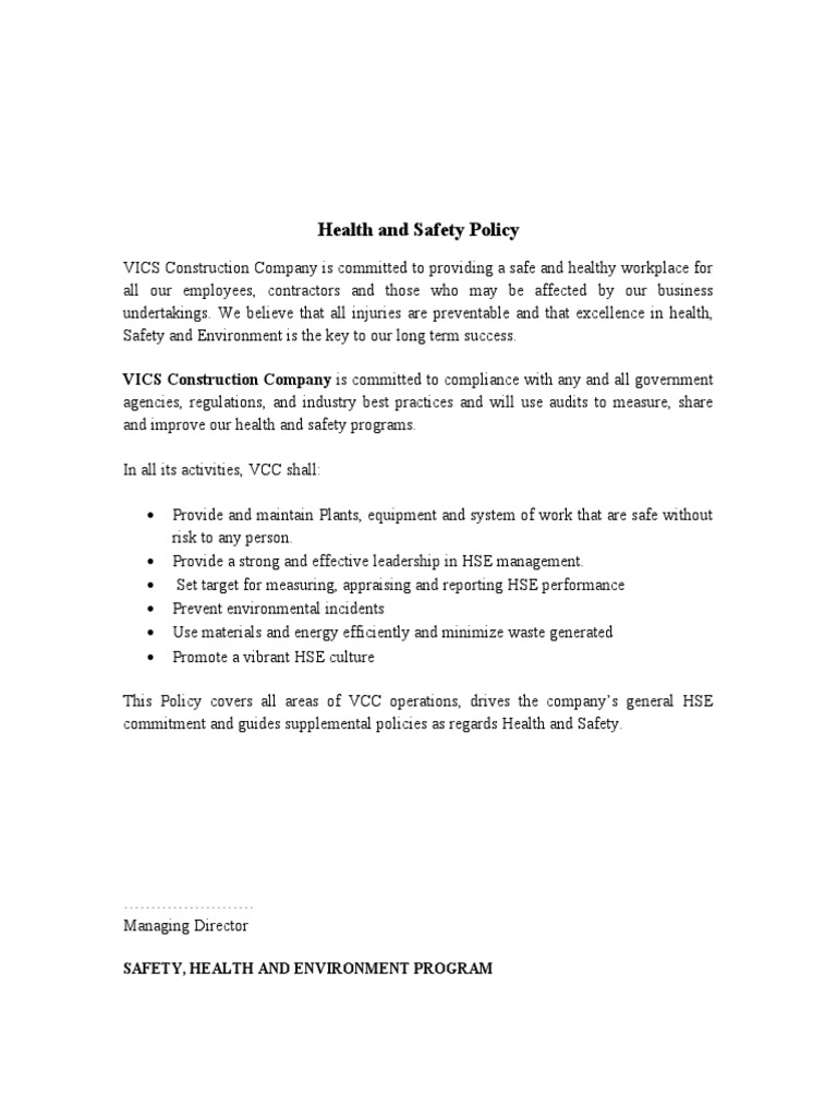 Hse Policy Statement | PDF | Occupational Safety And Health | Personal ...