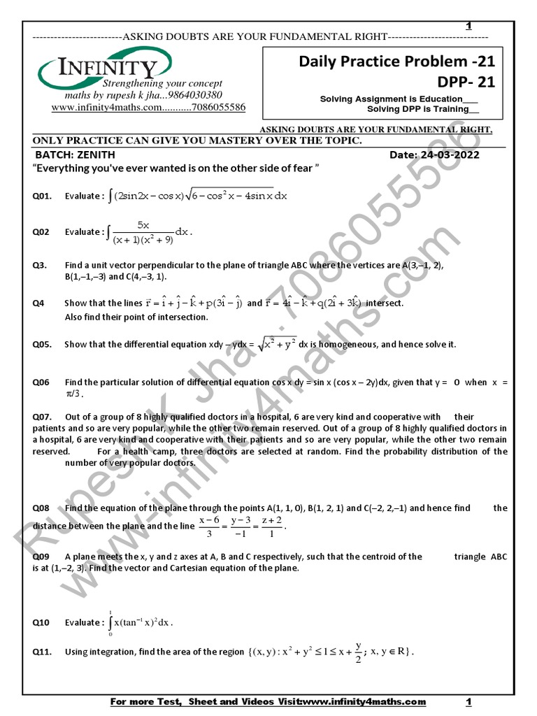 Rupesh K Jha... 7086055586 Www-Infinity4maths-Com: Daily Practice Problem - 21 DPP-21 | PDF ...