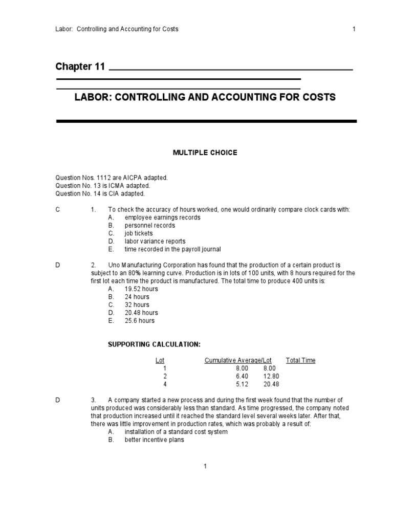 Labor: Controlling and Accounting For Costs: Multiple Choice | PDF ...