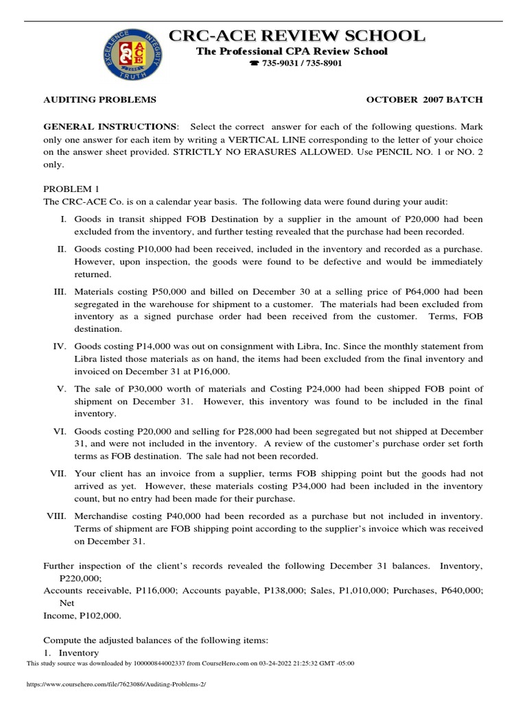 Auditing Problems 2 | PDF | Book Value | Inventory