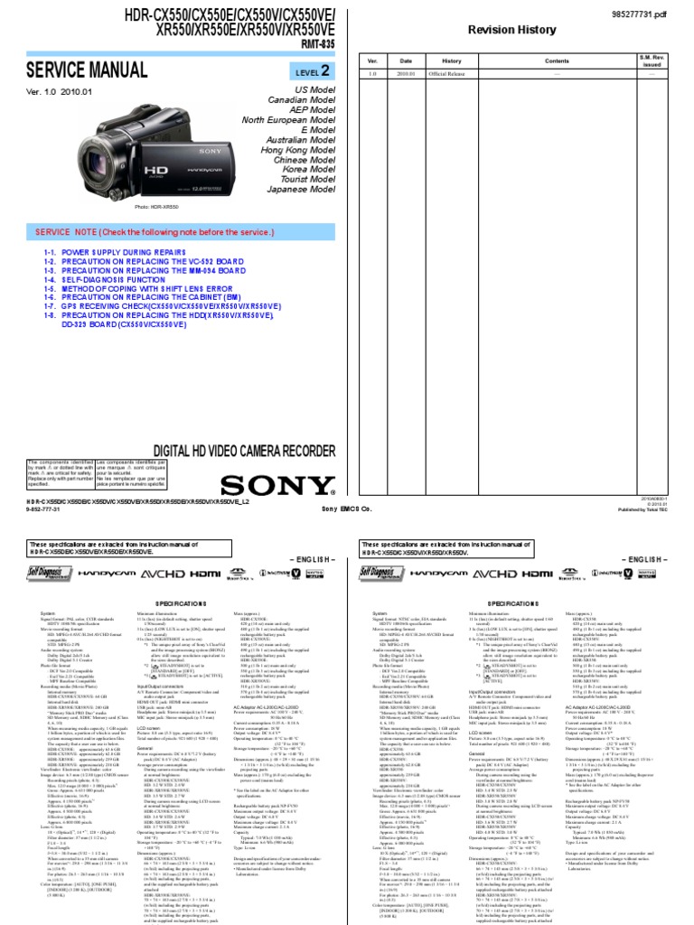 Sony Hdr-cx550 Xr550 Level-2 Ver-1.0 SM | PDF | Pixel | High Definition ...