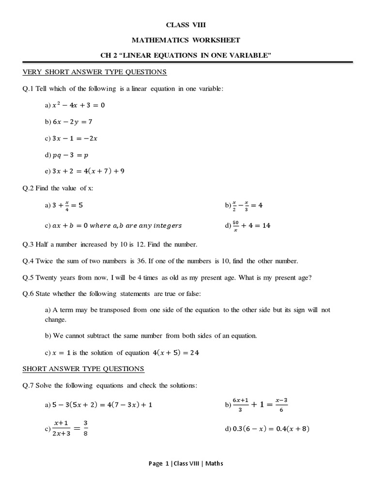 Class 8 CH 2 Linear Equations in One Variable May 19 | PDF | Equations ...