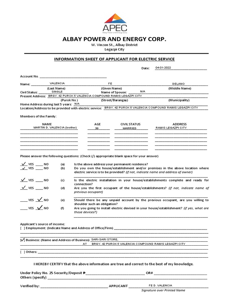 GENERIC APEC Information Sheet of Applicant For Electric Service FE D ...