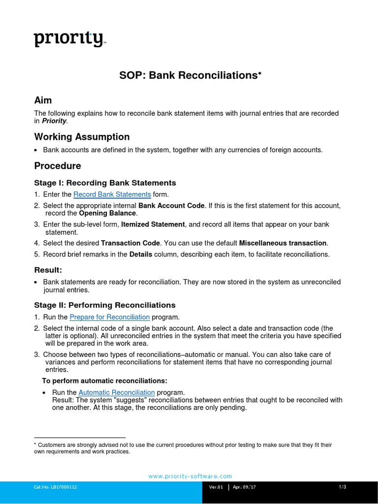 SOP: Bank Reconciliations: Stage I: Recording Bank Statements | PDF ...