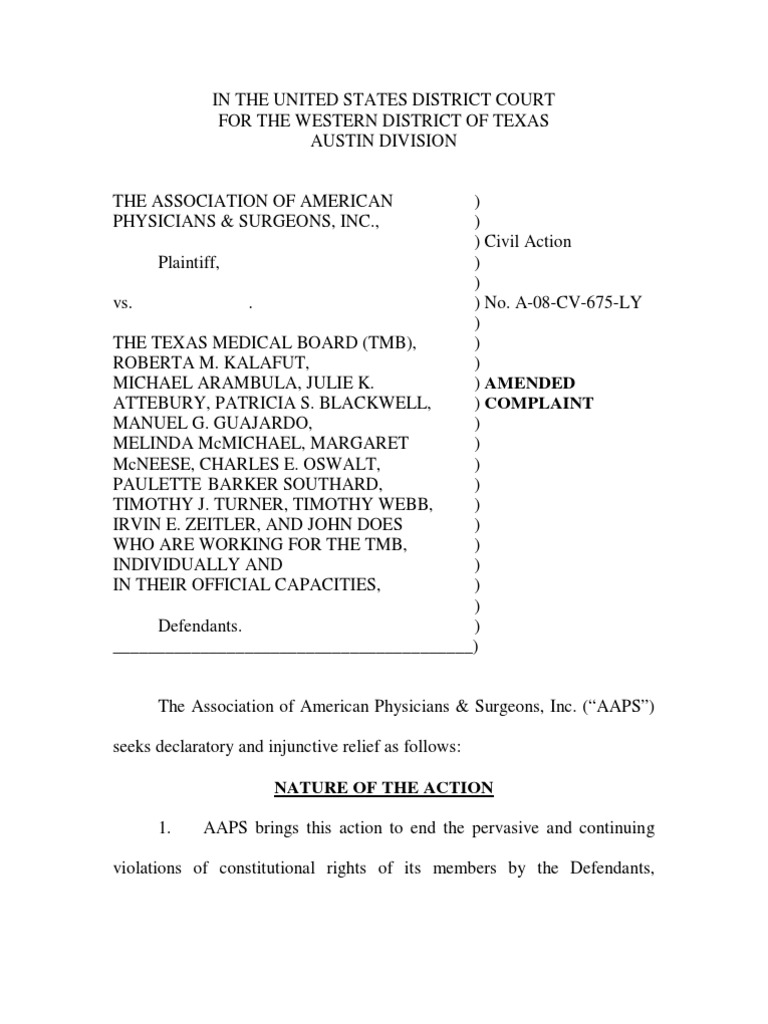 Amended Complaint - AAPS v. Texas Medical Board | Fourteenth Amendment ...
