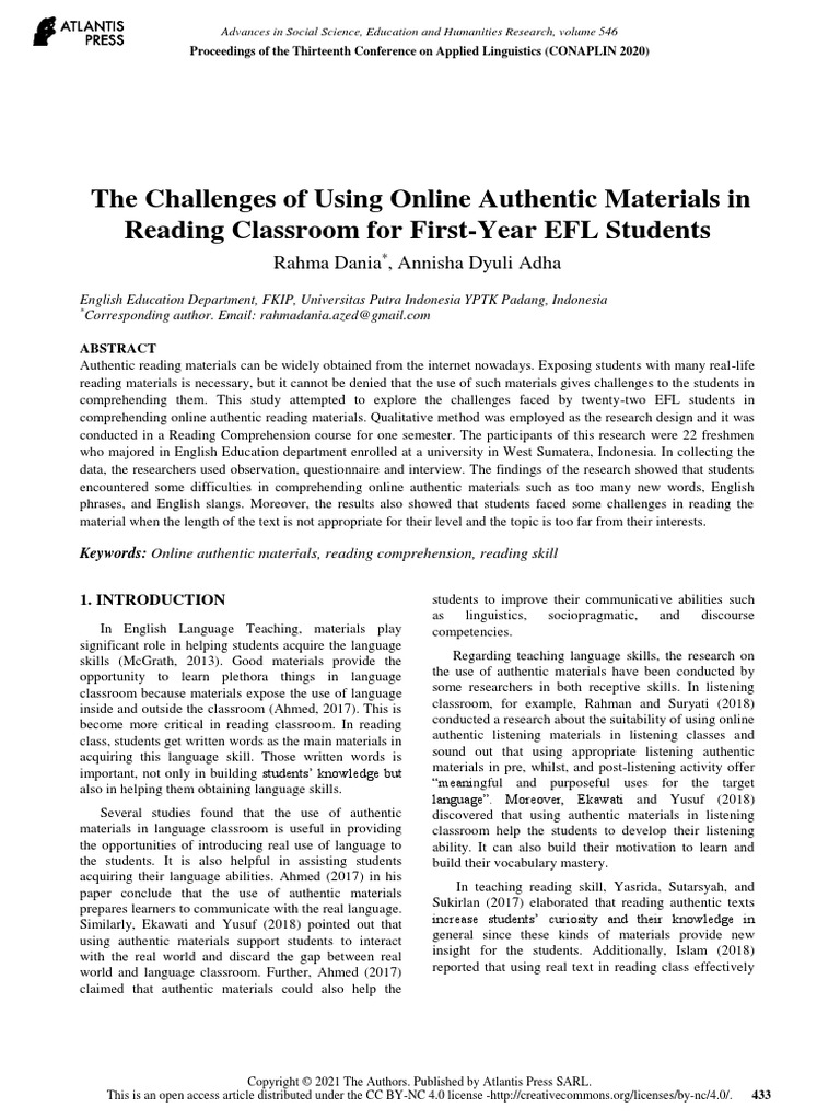 The Challenges of Using Online Authentic Materials in Reading Classroom ...