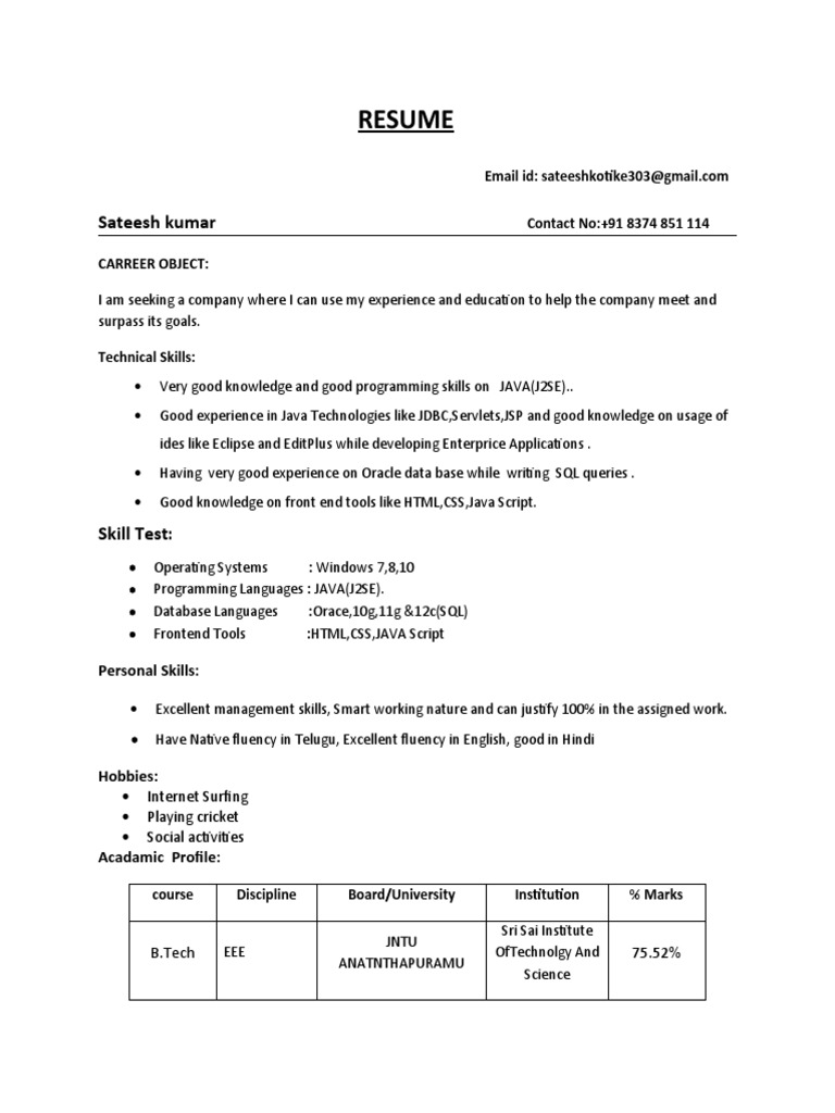 Resume Fresher | PDF | Java (Programming Language) | Databases