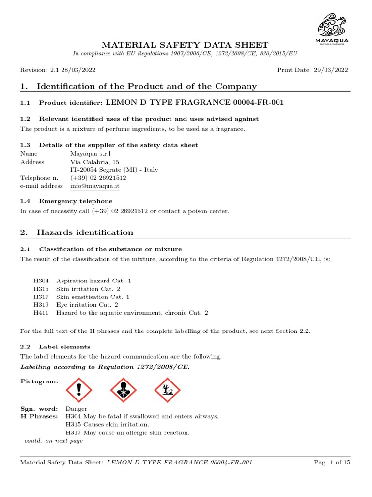 Material Safety Data Sheet: Lemon D Type Fragrance 00004-Fr-001 | PDF ...