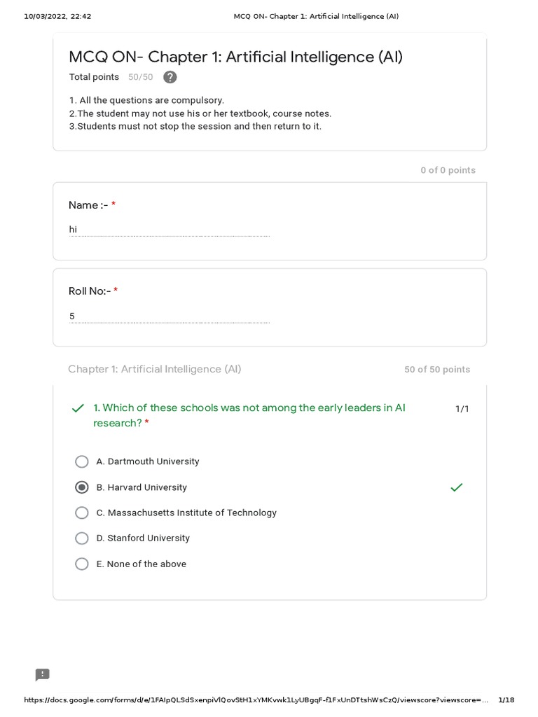 MCQ ON - Chapter 1 - Artificial Intelligence (AI) | PDF | Artificial Intelligence | Intelligence ...