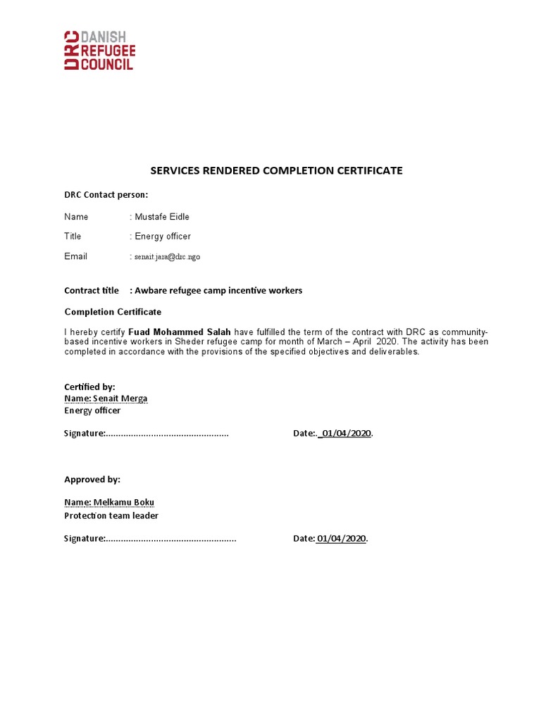 Annex 26 Completion Certificate-Awbare Refugee Camp | PDF