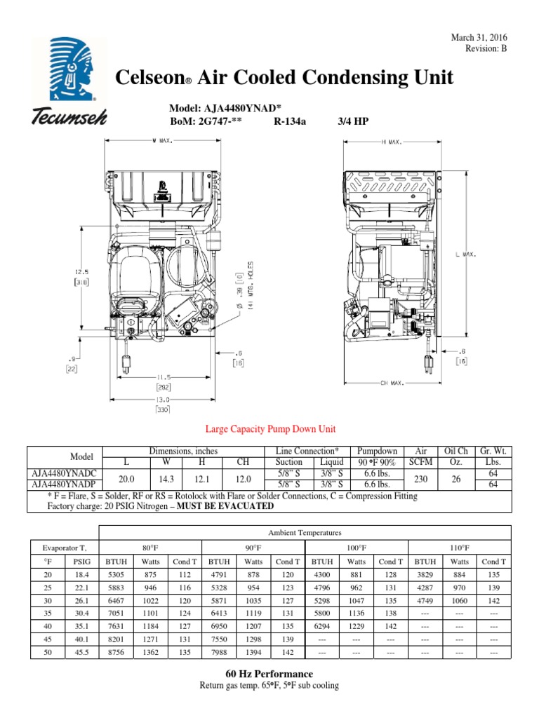 Celseon Air Cooled Condensing Unit: Model: Aja4480Ynad Bom: 2G747 - R ...