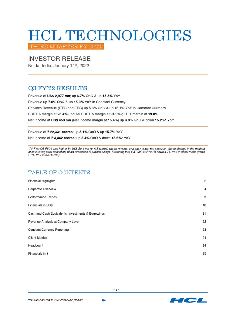 HCL Tech Q3 FY22 Investor Release | PDF | Cloud Computing | Automation