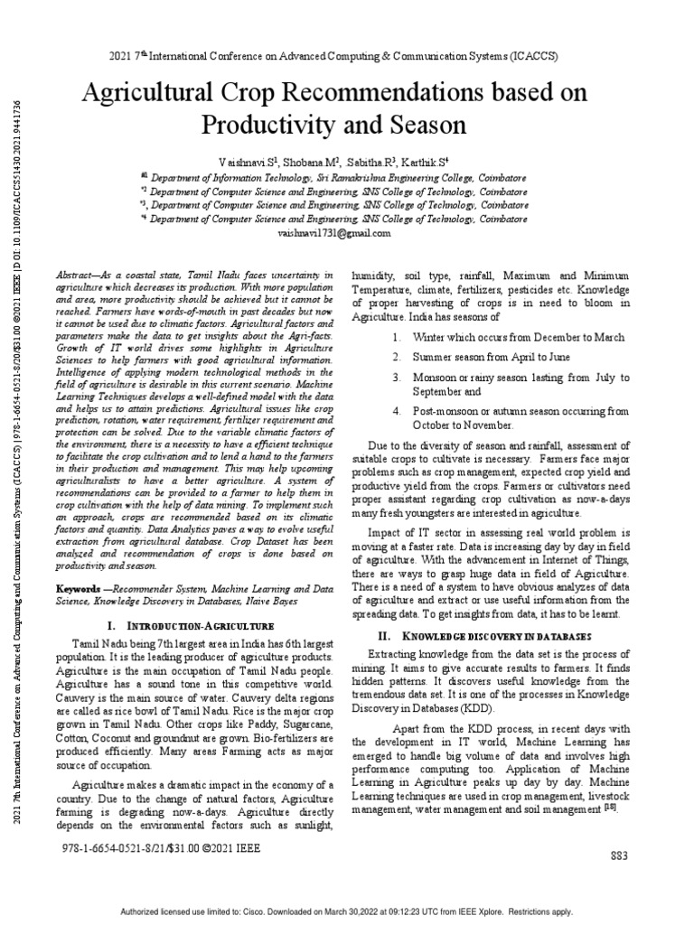 Agricultural Crop Recommendations Based On Productivity and Season ...