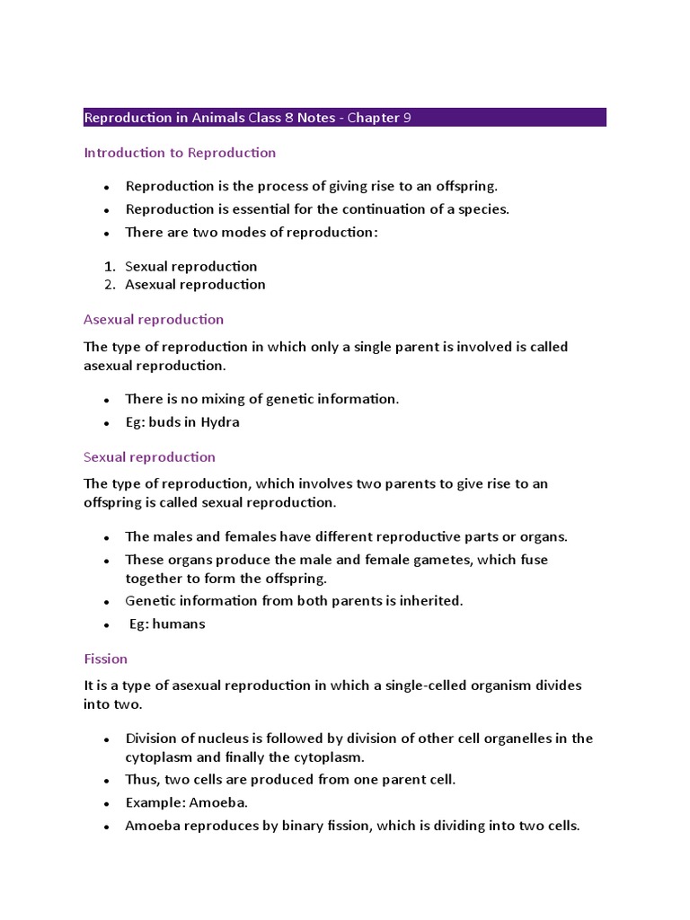 Reproduction in Animals Class 8 Notes | PDF | Reproduction | Sexual ...