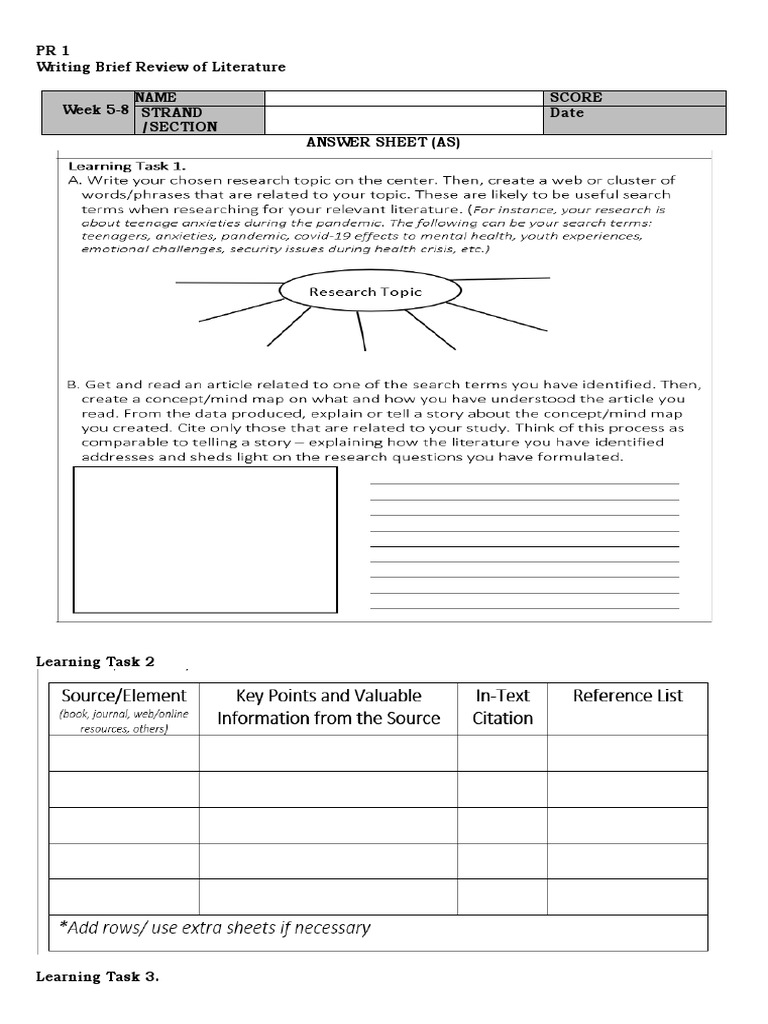 PR1 Writing Brief Review of Literature Week 5-8 Name Score Strand /section Date Answer Sheet (As ...
