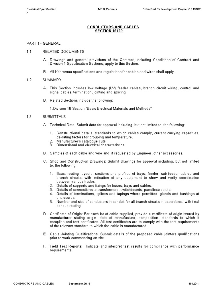Electrical Specification for Conductors and Cables for the Doha Port Redevelopment Project | PDF ...
