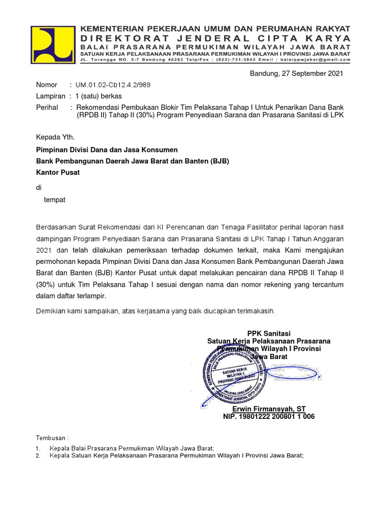 Surat Rekom Buka Blokir PPK Sanitasi TPL LPK Tahap I RPDB Ii (Tahap Ii 30%) 27 September 2021 | PDF