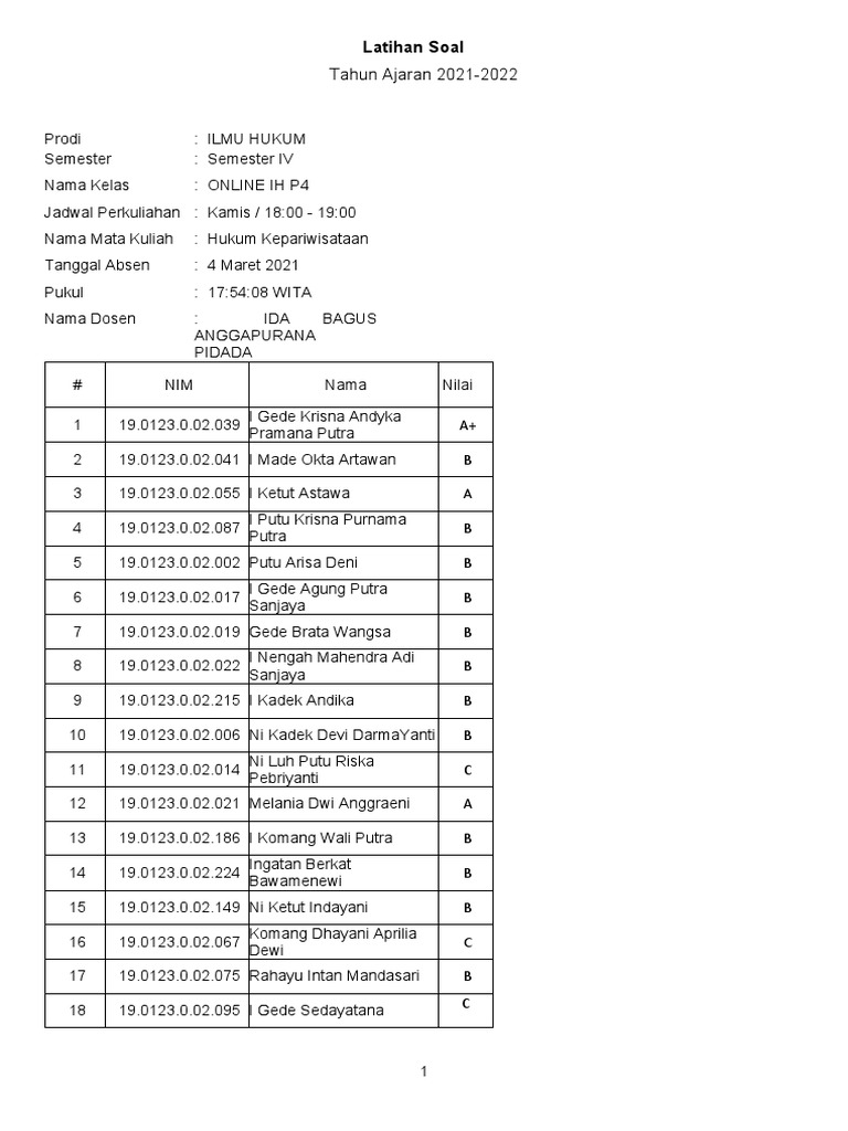 Nilai Latian Soal 123 | PDF