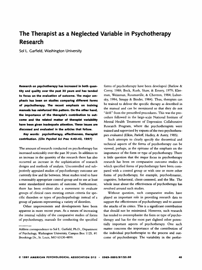 The Therapist A Neglected Variable in Psychotherapy Research | PDF ...