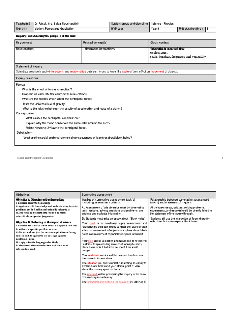 Unit Planner Grade 9, Gravitation, 2022 Edited | PDF | Force | Gravity