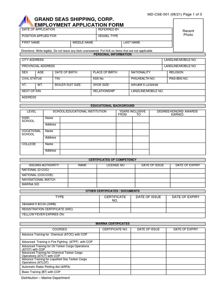 Grand Seas Shipping, Corp. Employment Application Form: MD-CSE-001 (06/ ...