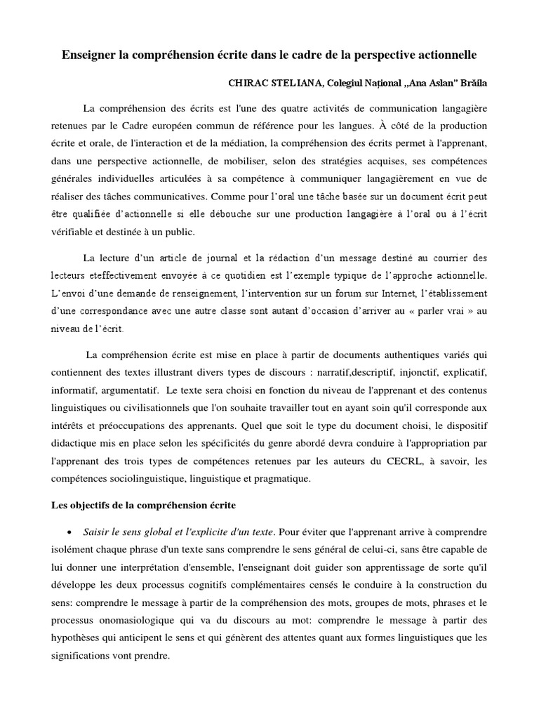 Enseigner La Comprehension Ecrite Dans La Cadre de La Perspective ...