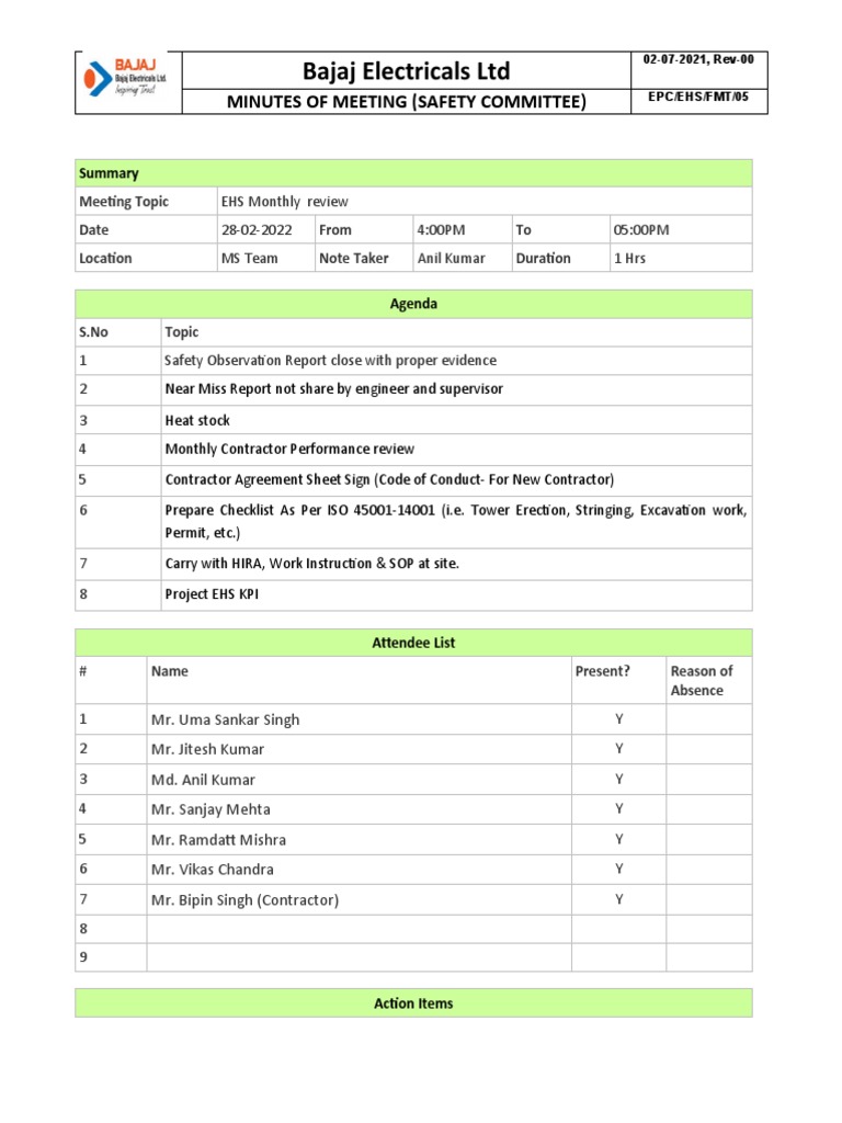 Bajaj Electricals LTD: Minutes of Meeting (Safety Committee) | PDF