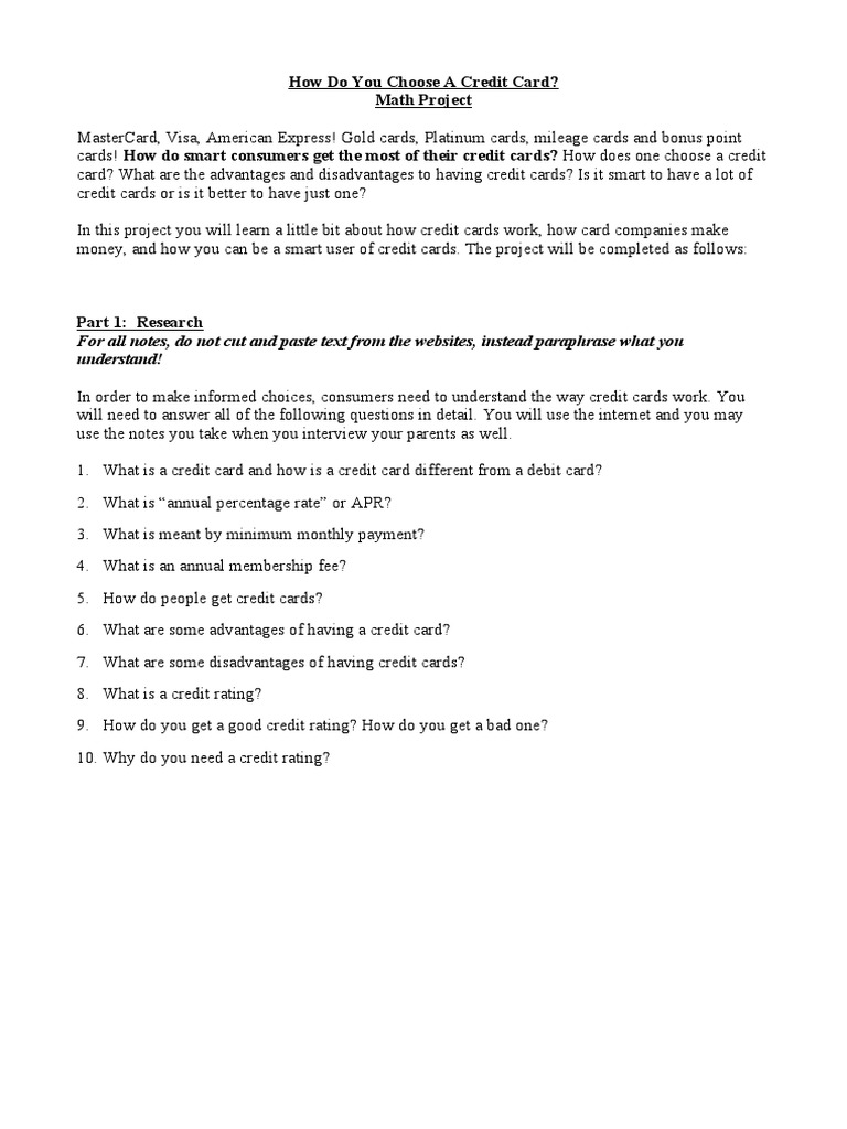 How Do You Choose A Credit Card? Math Project | PDF | Credit Card ...