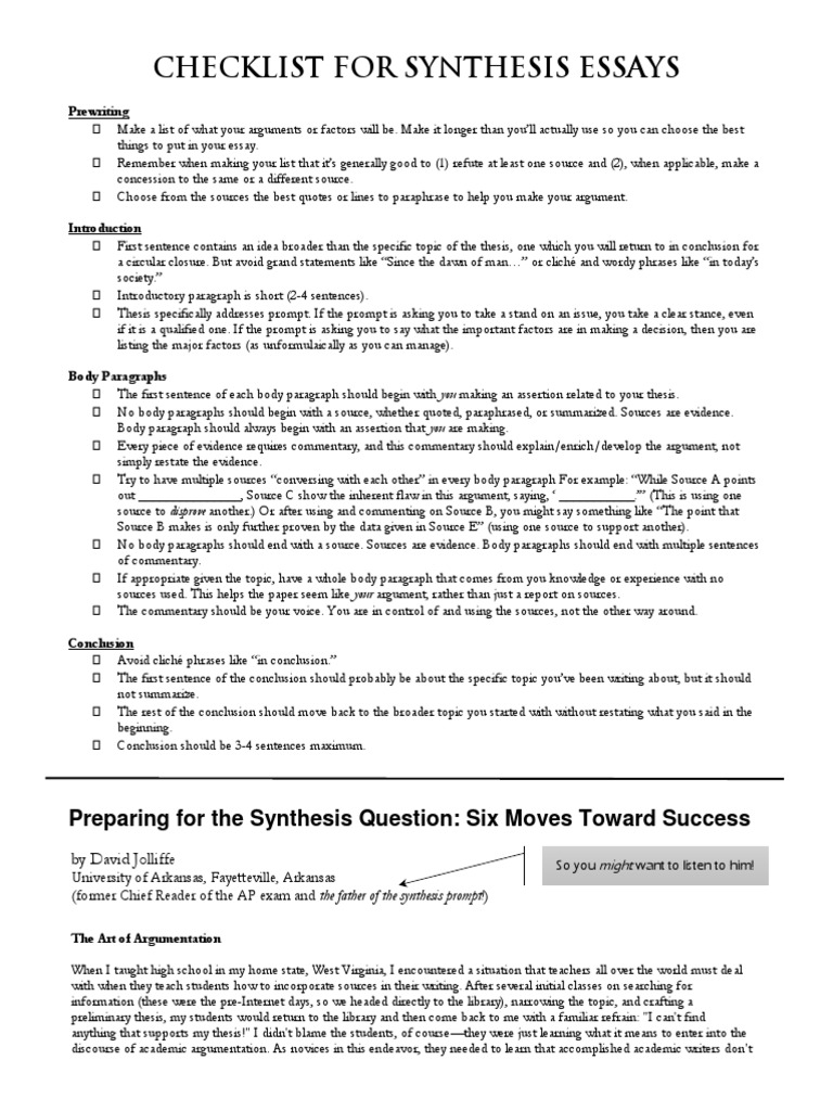 Checklist For Synthesis Essays | PDF | Cognitive Science | Cognition