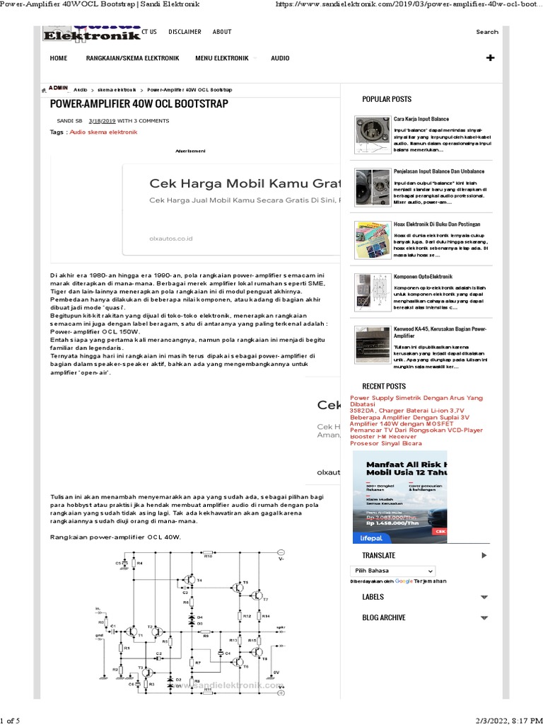 Power-Amplifier 40W OCL Bootstrap Sandi Elektronik | PDF