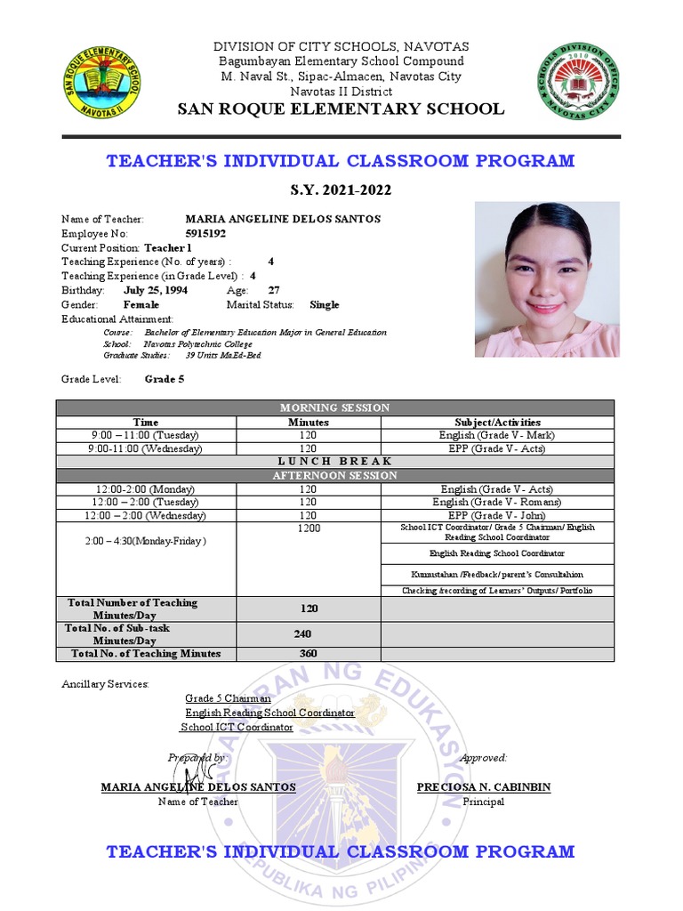 Individual Class Program SY2021 2022 GRADE 5 | PDF | Teachers ...
