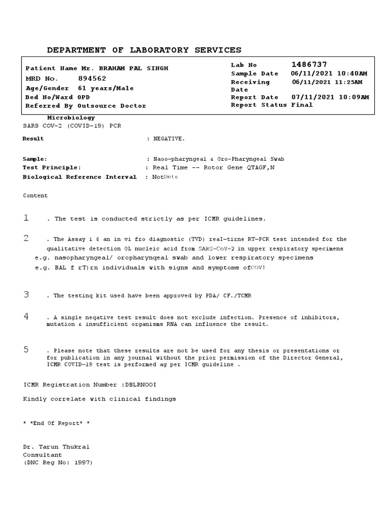 COVID-19 PCR Test Results for Mr. BRAHAM PAL SINGH | PDF