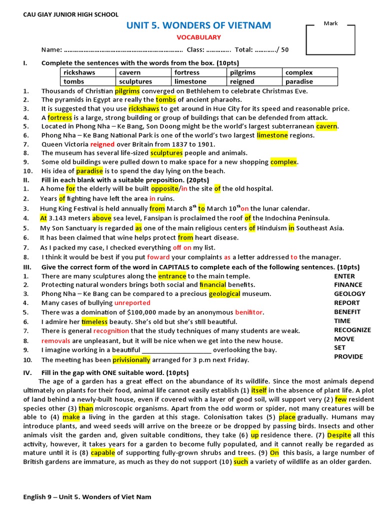 UNIT 5 - Vocabulary - Grammar - Ms Phuong | PDF