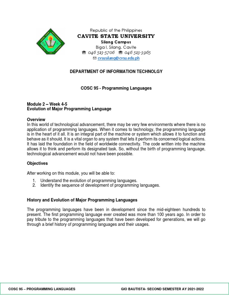 Module 2 - COSC95 - Evolution of Major Programming Language - VCB | PDF ...