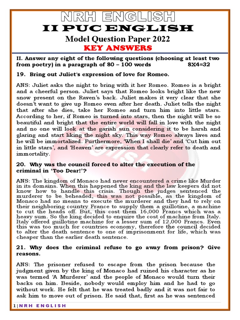 Key Answer For 2ND Puc English Model Question Paper 2022 | PDF ...