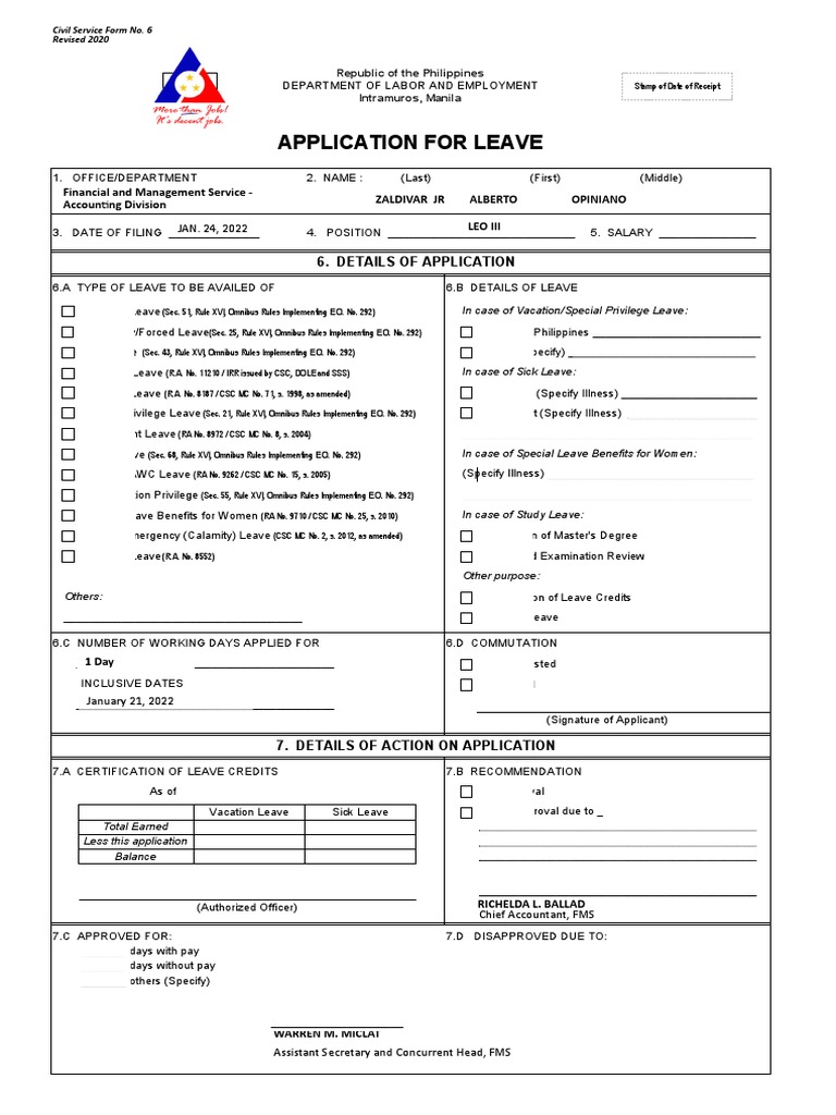 CS Form No - 6, Revised 2020 (Application For Leave) (Fillable) - 1 ...