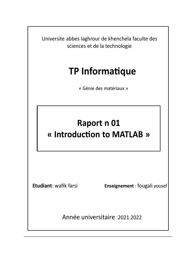 TP Informatique: Raport N 01 Introduction To MATLAB | PDF | Matrix (Mathematics) | System Of ...