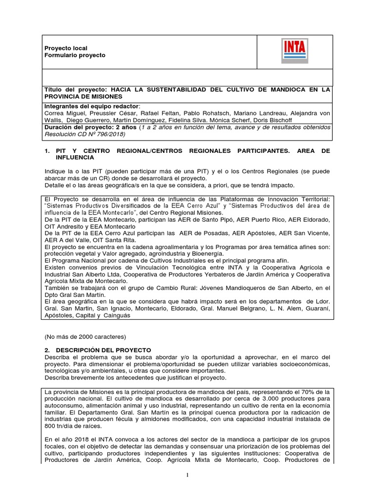 Proyecto Local Mandioca INTA | PDF | Agricultura | Mercado (economía)