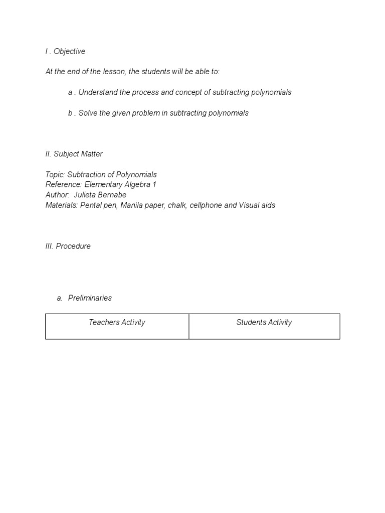 Detailed Lesson Plan | PDF | Subtraction | Polynomial