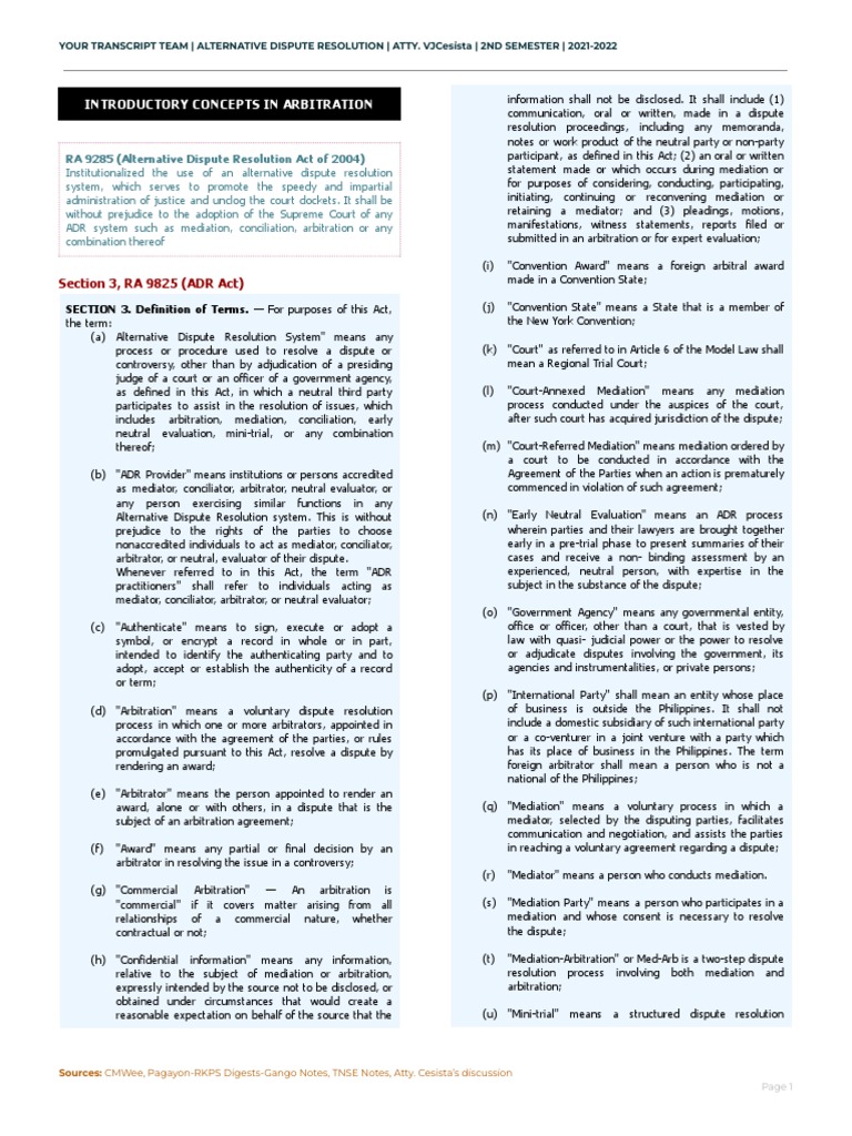 Introductory Concepts in Arbitration: Section 3, RA 9825 (ADR Act ...