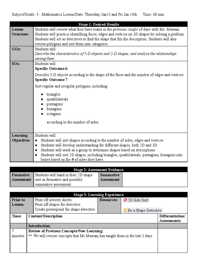 2d and 3d Shapes Sequence Lesson Plan | PDF | Shape | Lesson Plan