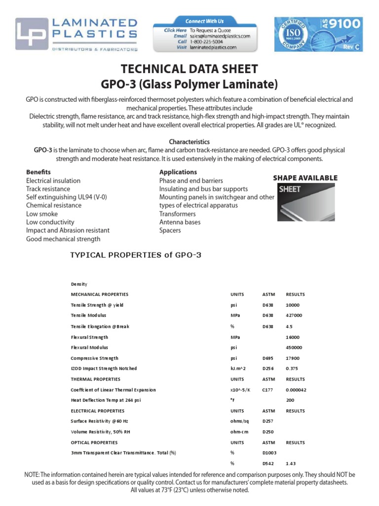 Technical Data Sheet Gpo-3 (Glass Polymer Laminate) | PDF | Strength Of Materials | Electrical ...