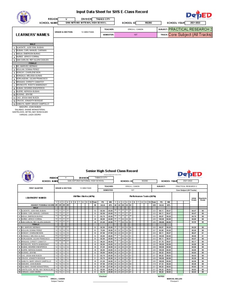 Input Data Sheet For SHS E-Class Record: Learners' Names | PDF